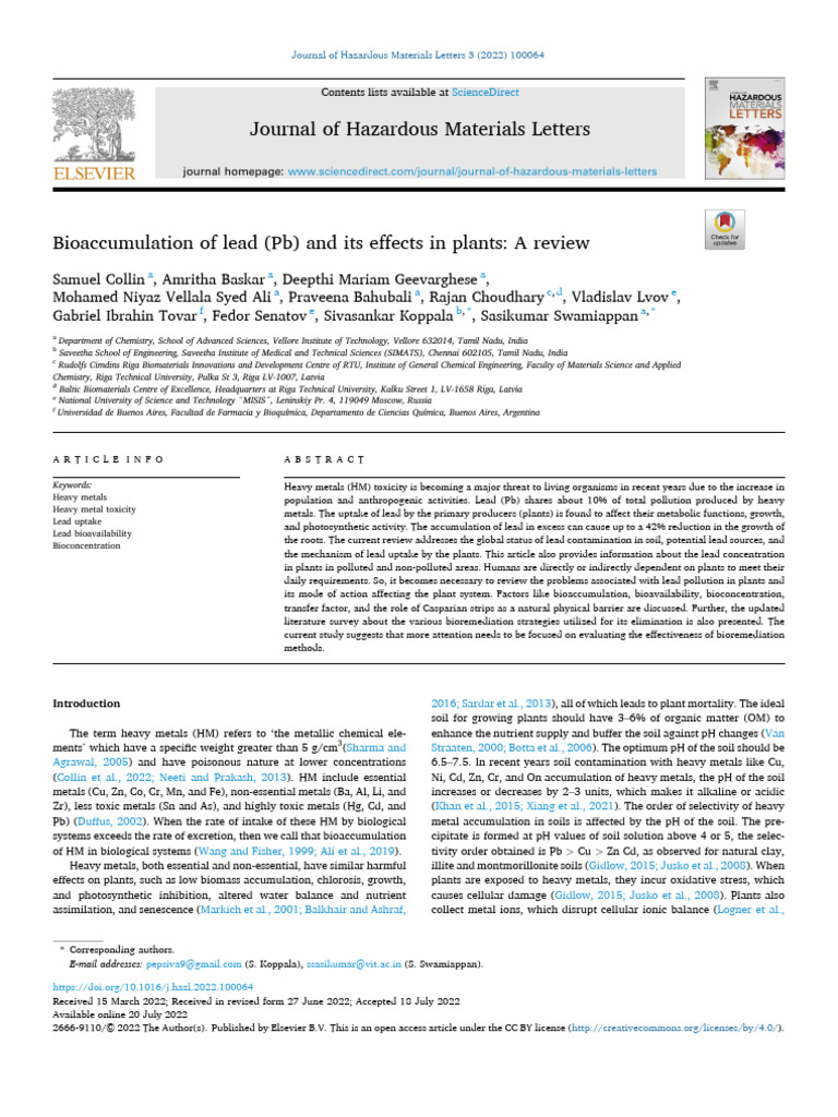 Bioaccumulation of Lead (PB) and Its Effects in Plants | PDF | Soil | Lead