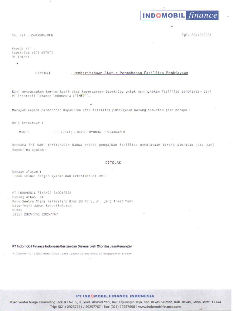 Contoh Reject Dokumen | PDF