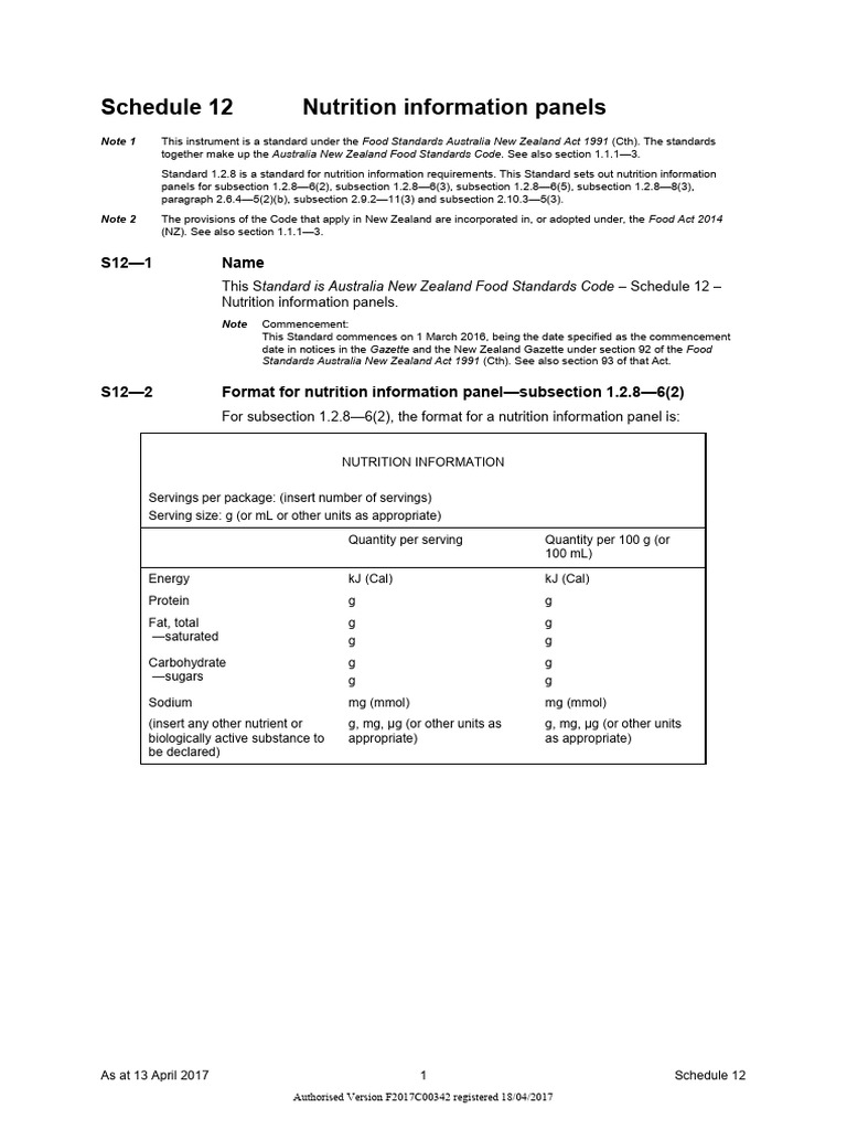 FSANZ-F2017C00342-Nutrition Information panels-FORMAT LABELING | PDF ...