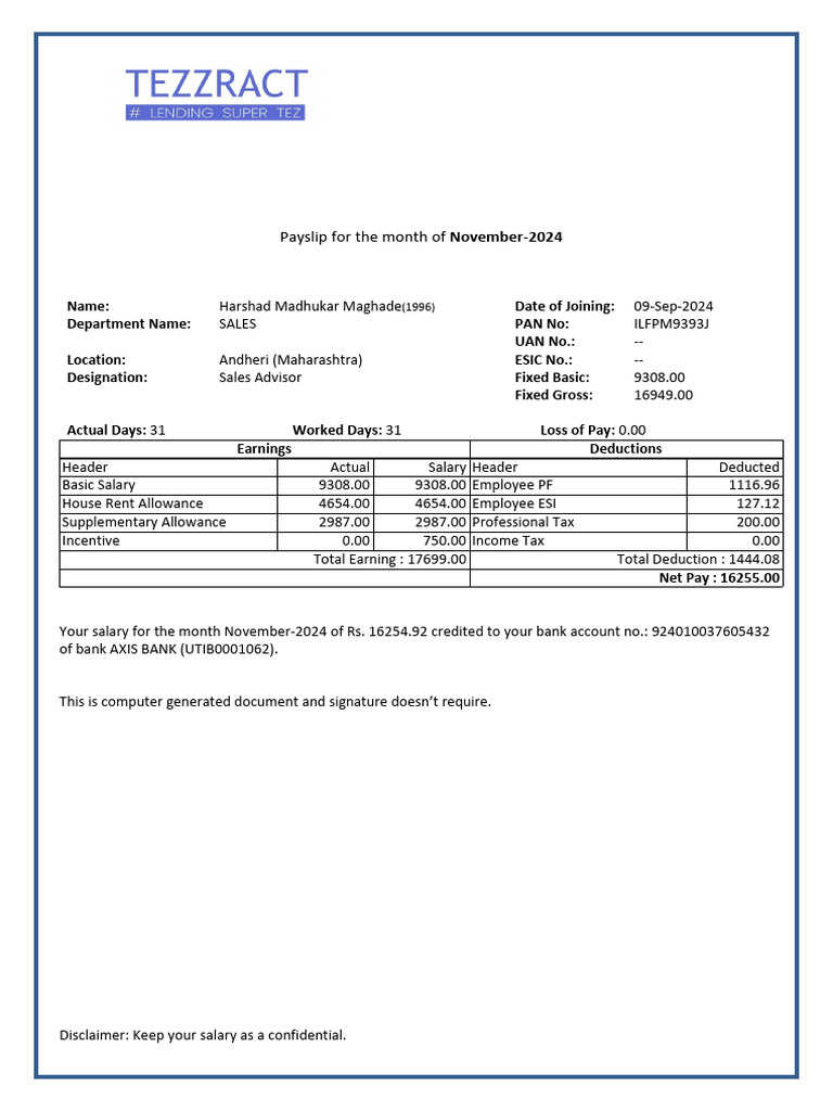 Payslip_November-2024_Harshad Madhukar Maghade (1) | PDF