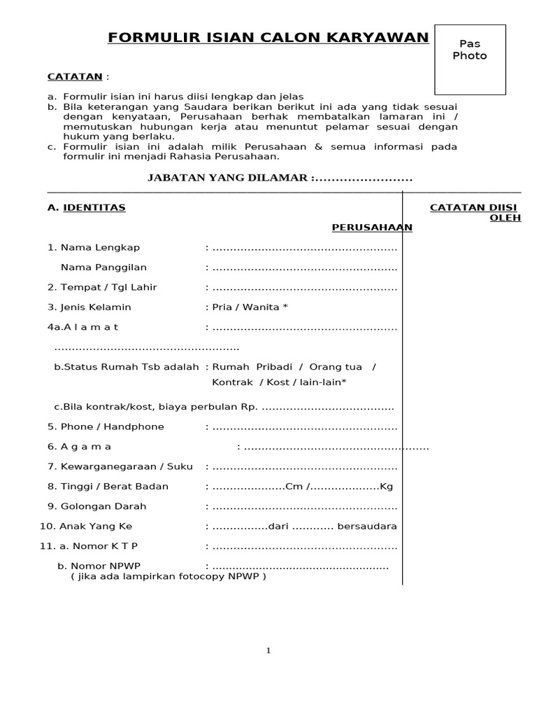 FORMULIR_ISIAN_CALON_KARYAWAN 1 A | PDF