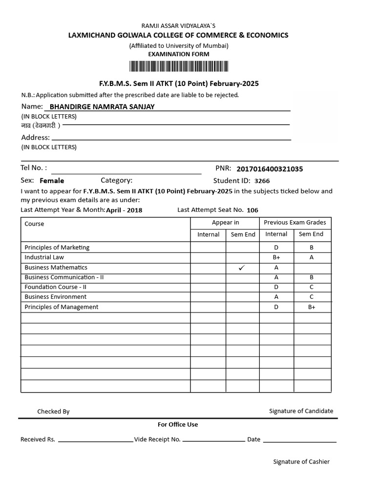 F.Y.B.M.S. Sem II ATKT Exam Form | PDF | Survey Methodology | Career ...