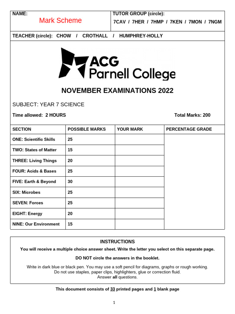 Year 7 Science 2022 EOY Exam MS | PDF | Rock (Geology) | Force