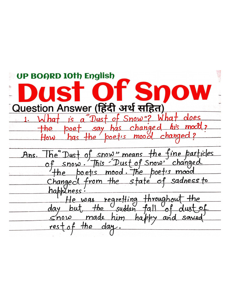 Dust of Snow Question Answer Up Board Class 10th English 2022 | PDF