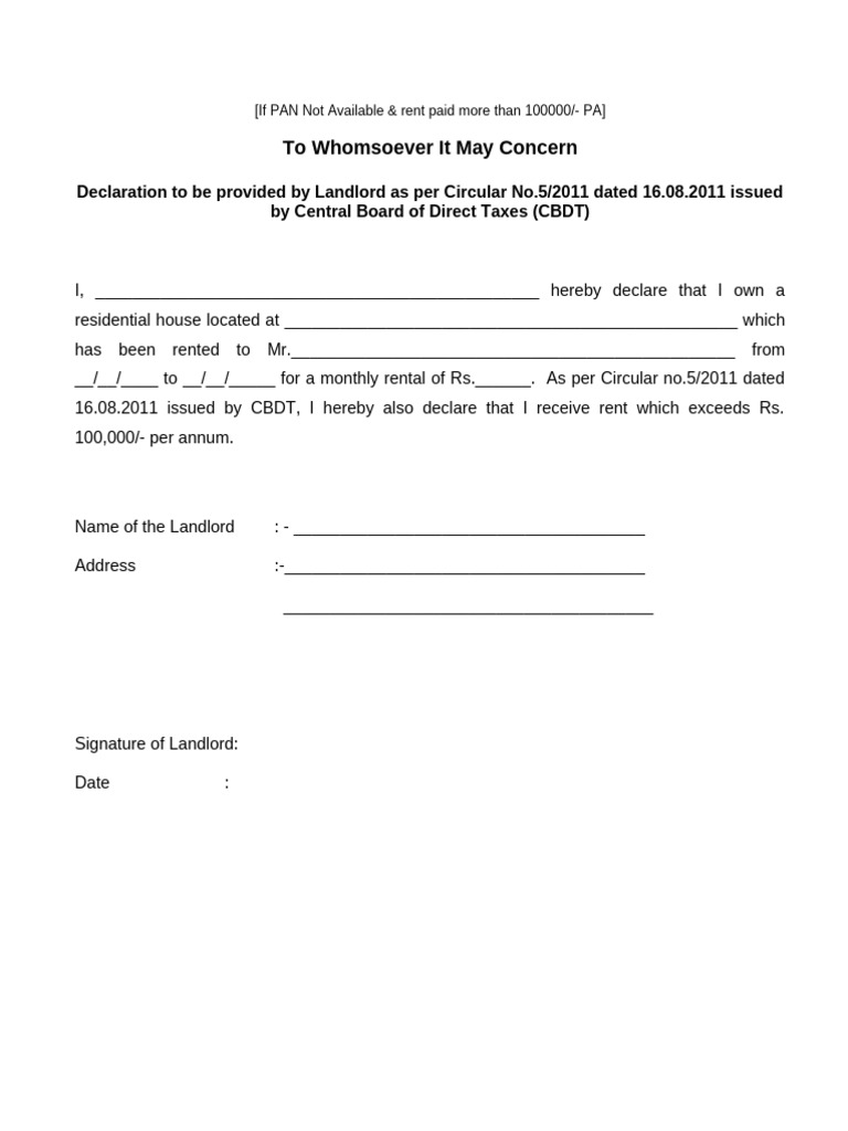 Format Rent Declaration by Landlord Rent Paid Which Exceeds Rs. 100000 ...