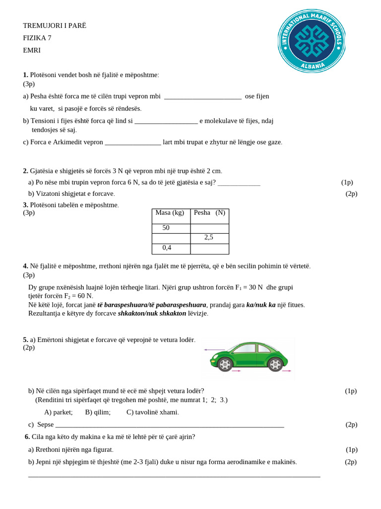 Fizika 7 - Periudha 1 Test Blueprint | PDF
