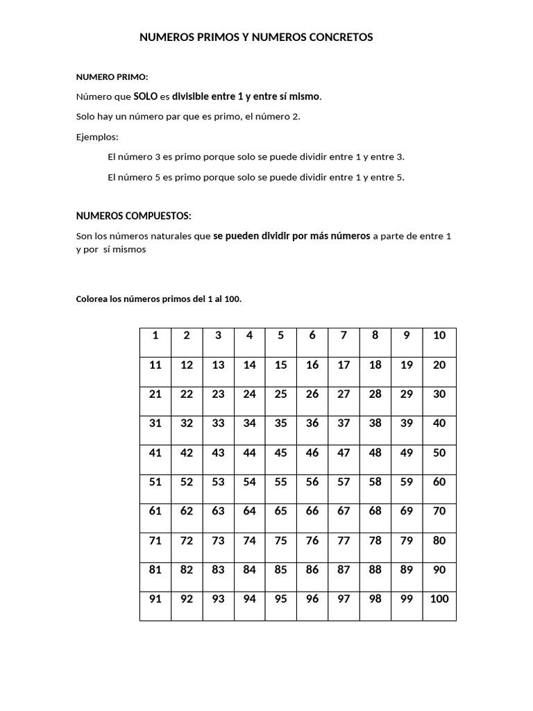Tabla de Números Primos del 1 al 100 | PDF