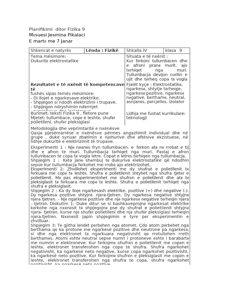 Planifikimi Ditor Fizika 9 Date 7 Janar | PDF