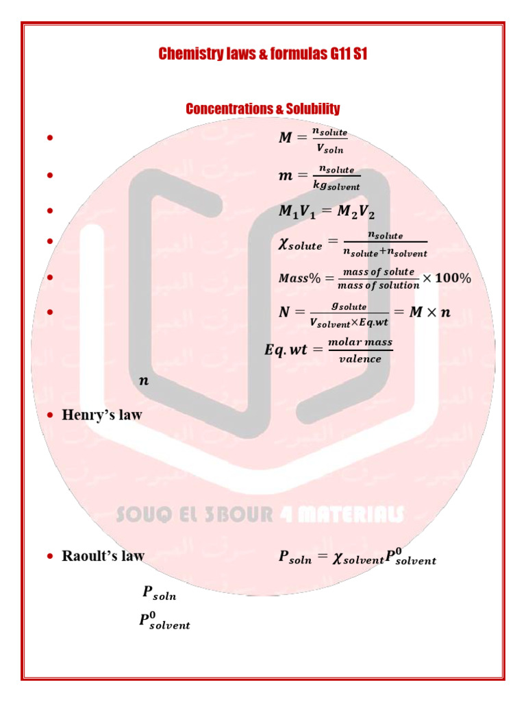 Chemistry Laws & Formulas G11 S1 | PDF | Solubility | Chemical Equilibrium