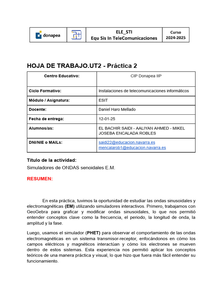 Hoja de Trabajo. Pract2 - Ut2 (Ondas) | PDF | Olas | Frecuencia