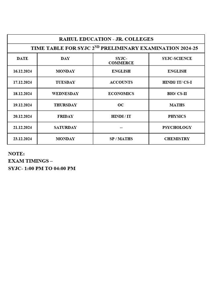 Syjc - 2nd Preliminary Examination Time Table 2024-25 | PDF
