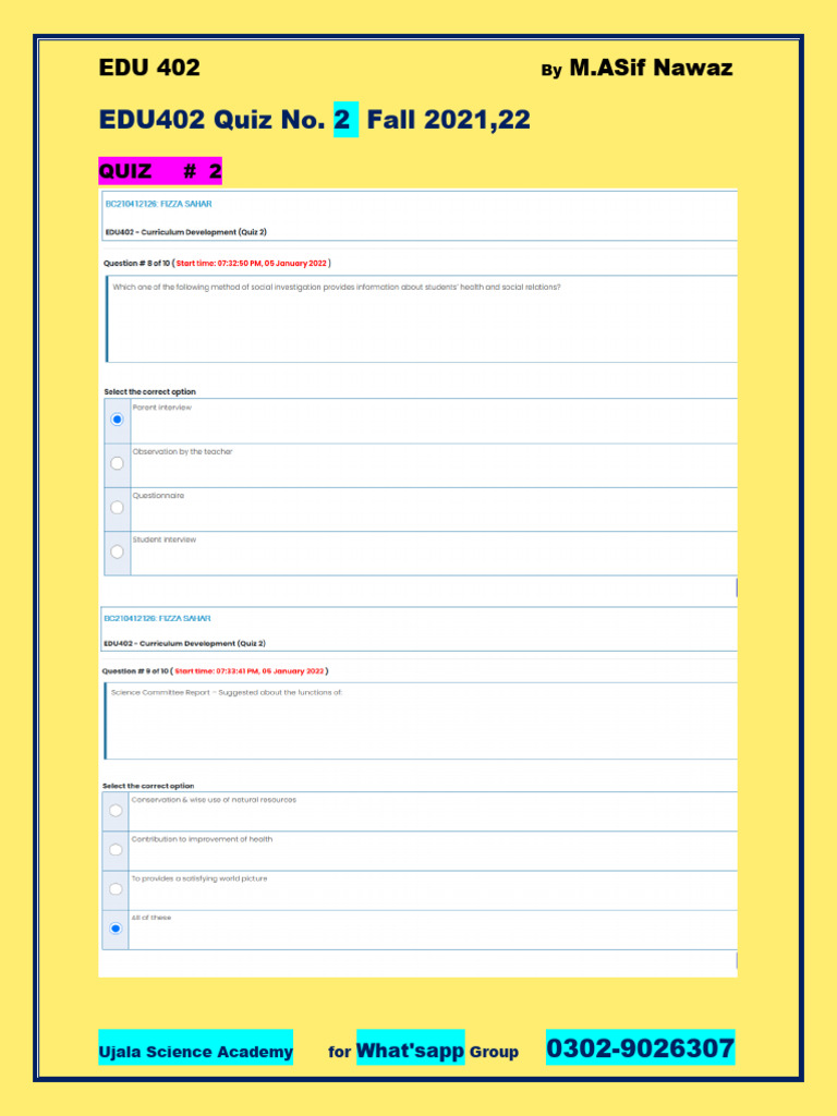 EDU402 Quiz# 2 Fall 2021,22-1 | PDF