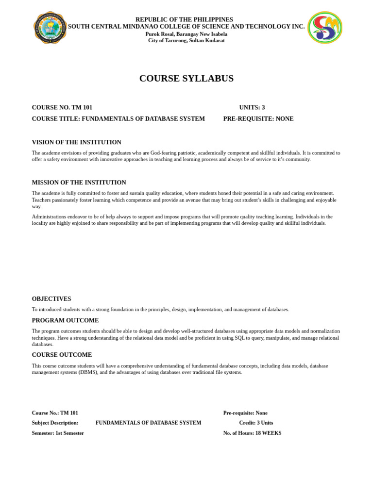 Course Syllabus Tm 101 Pdf Databases Relational Database