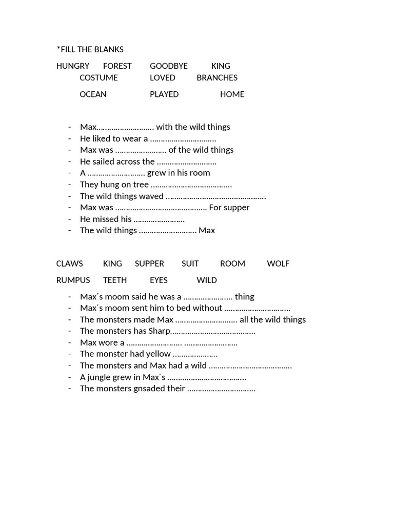 Max and the Wild Things Fill-in Blanks | PDF