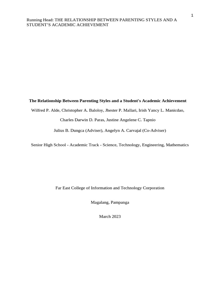 PR2 Group 5 12 Pasteur The Relationship Between Parenting and A Students Academic Achievement 2 ...