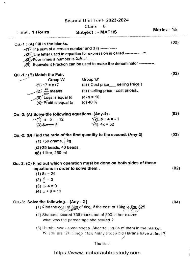 MH Board Class 6 Ut2 Mathematics 270924 2024 | PDF