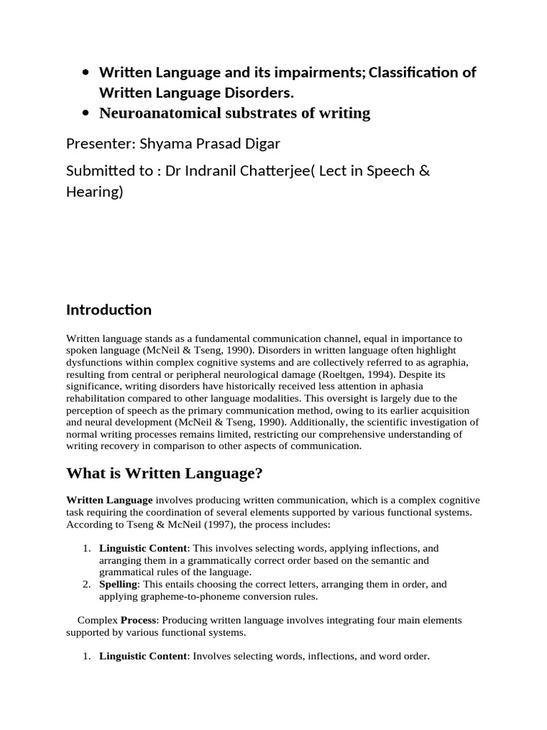 Written Language and Its Impairments Unit 4, C, D | PDF | Dyslexia | Nervous System