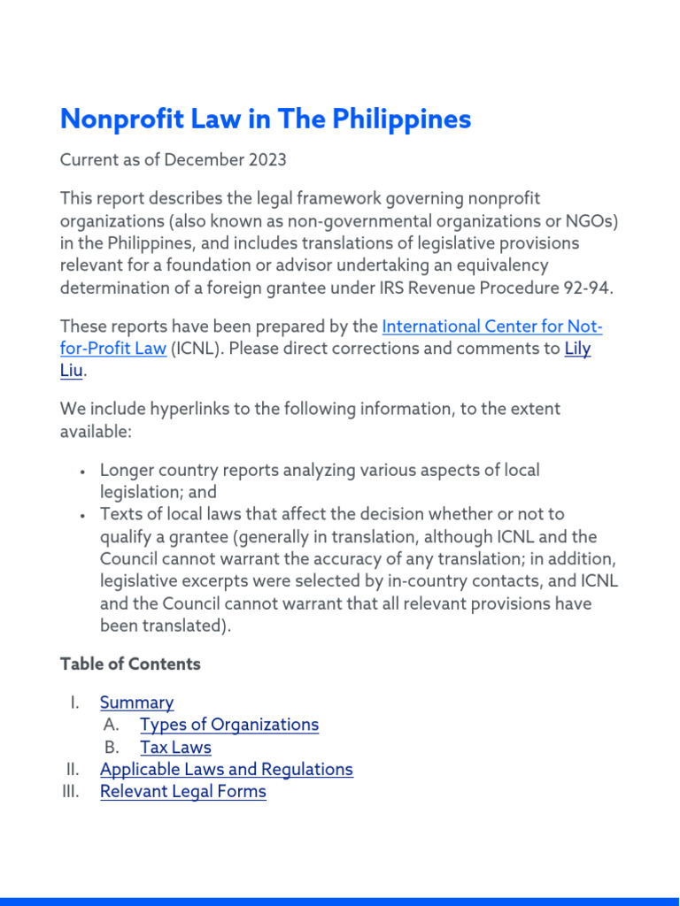 Nonprofit Law Overview in the Philippines | PDF | Nonprofit ...