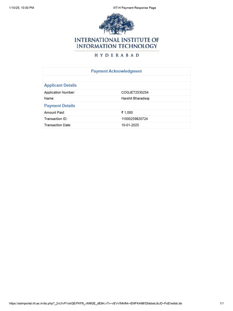 IIIT-H Payment Response Page | PDF