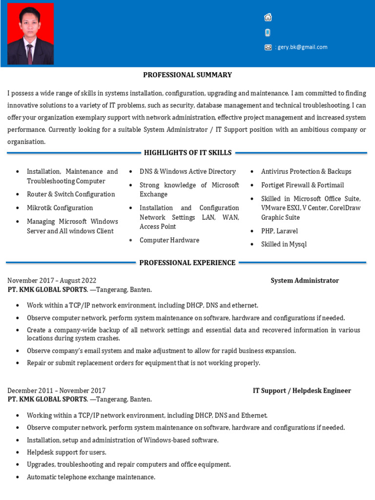 CV Gery IT Support Ind 2023 PDF | PDF | Computer Network | Active Directory