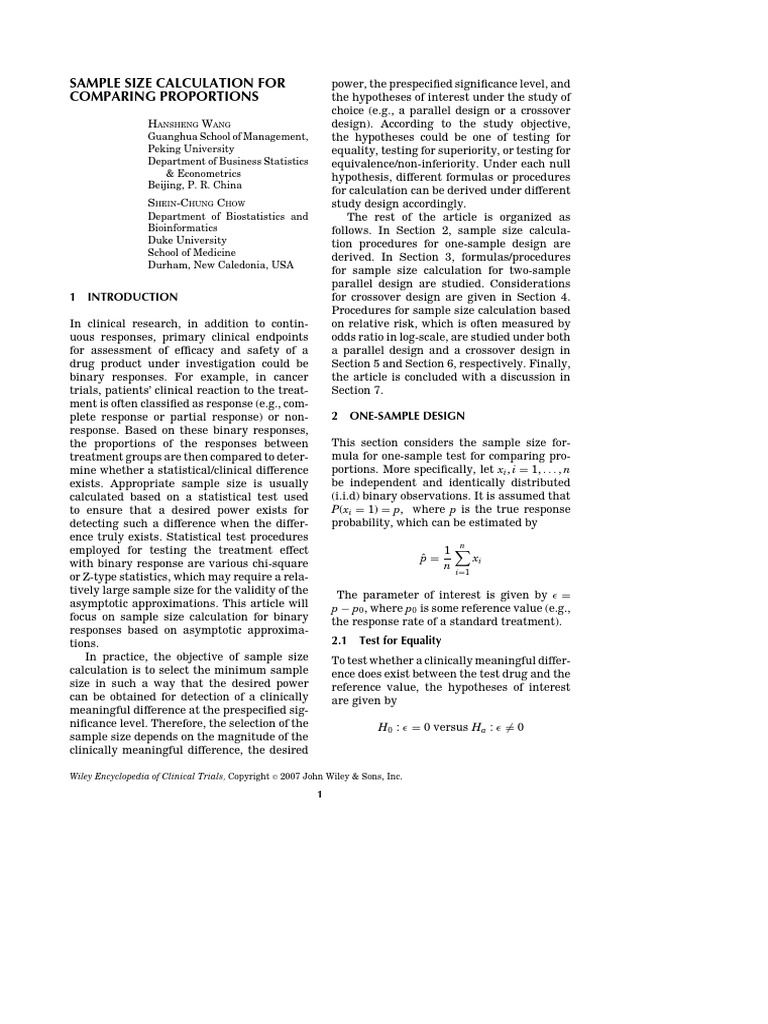 ''Sample Size Calculation For Comparing Proportions'' in - Wiley Encyclopedia of Clinical Trials ...