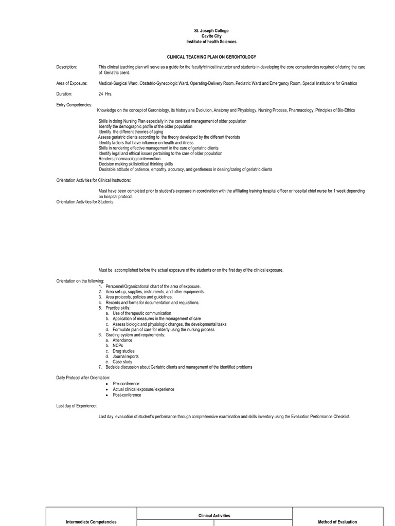 Clinical Teaching Plan On Gerontology | PDF | Geriatrics | Nursing