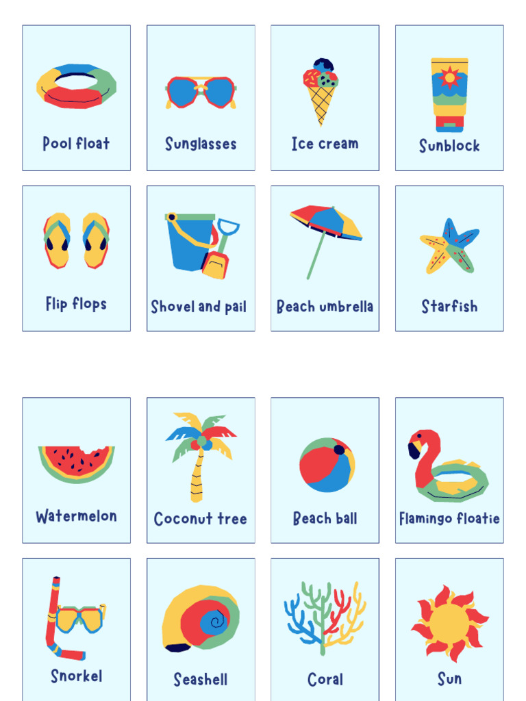 Summer Vocabulary Flashcards in Blue Yellow and Green Illustrative ...