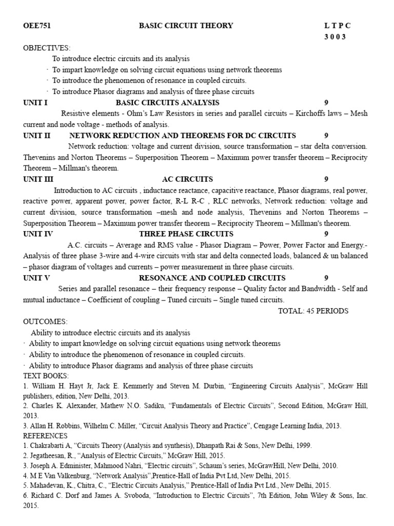 Oee751 Basic Circuit Theory L T P C | PDF | Electrical Network | Ac Power
