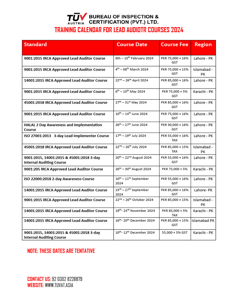 Training Calendar For Lead Audiotr Courses 2024 | PDF | Financial ...