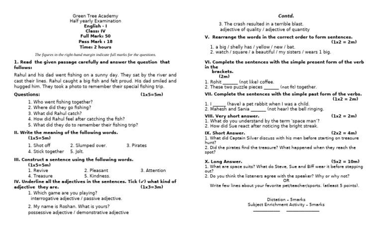Class IV English Half-Year Exam Guide | PDF | Language Families ...