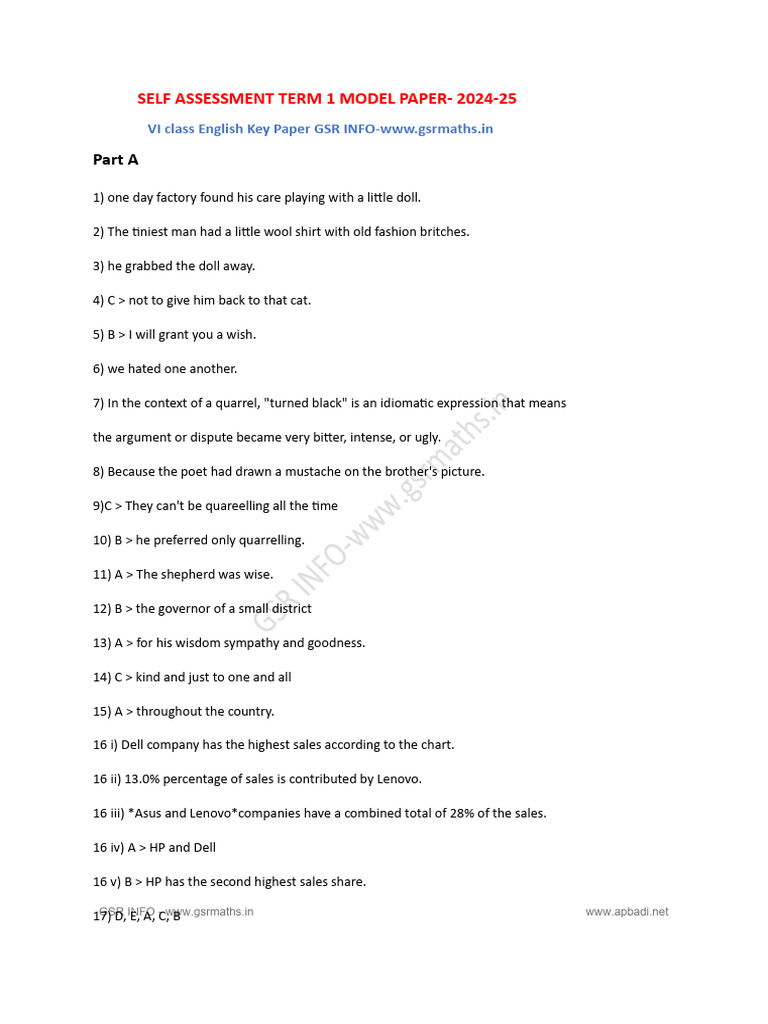 6th Class SA 1 English Key Paper GSR INFO-www - Gsrmaths.in | PDF