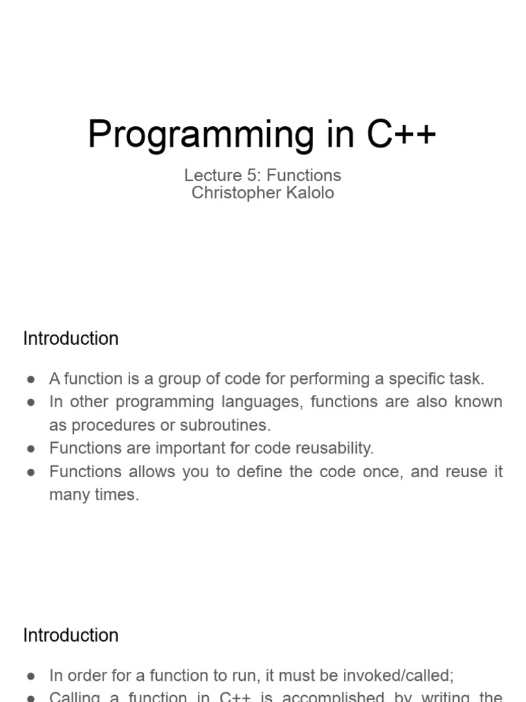 Lecture 5 - Functions and Variable Scope | PDF | C++ | Parameter (Computer Programming)