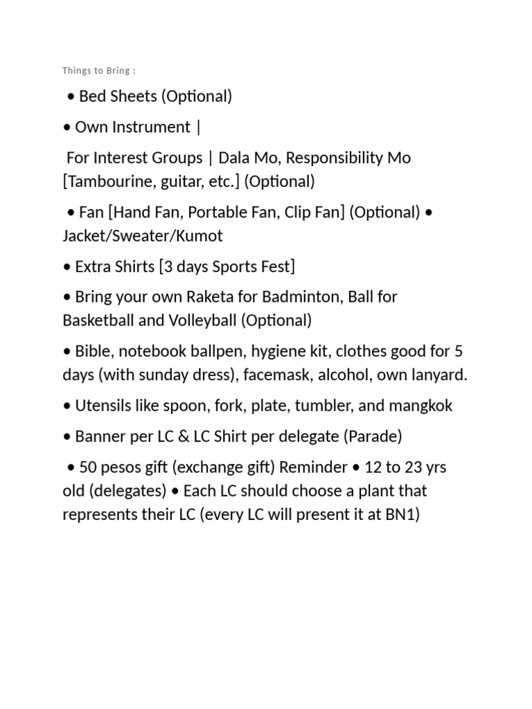 Things to Bring | PDF