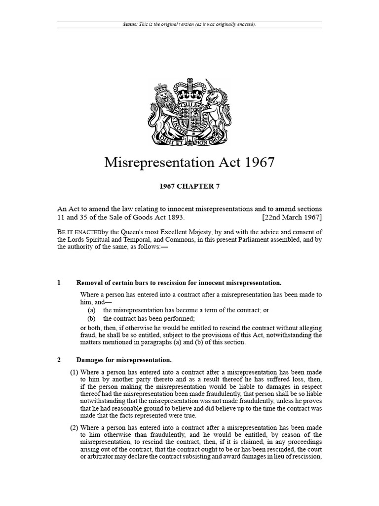 Misrepresentation Act 1967 | PDF | Misrepresentation | Legal Concepts