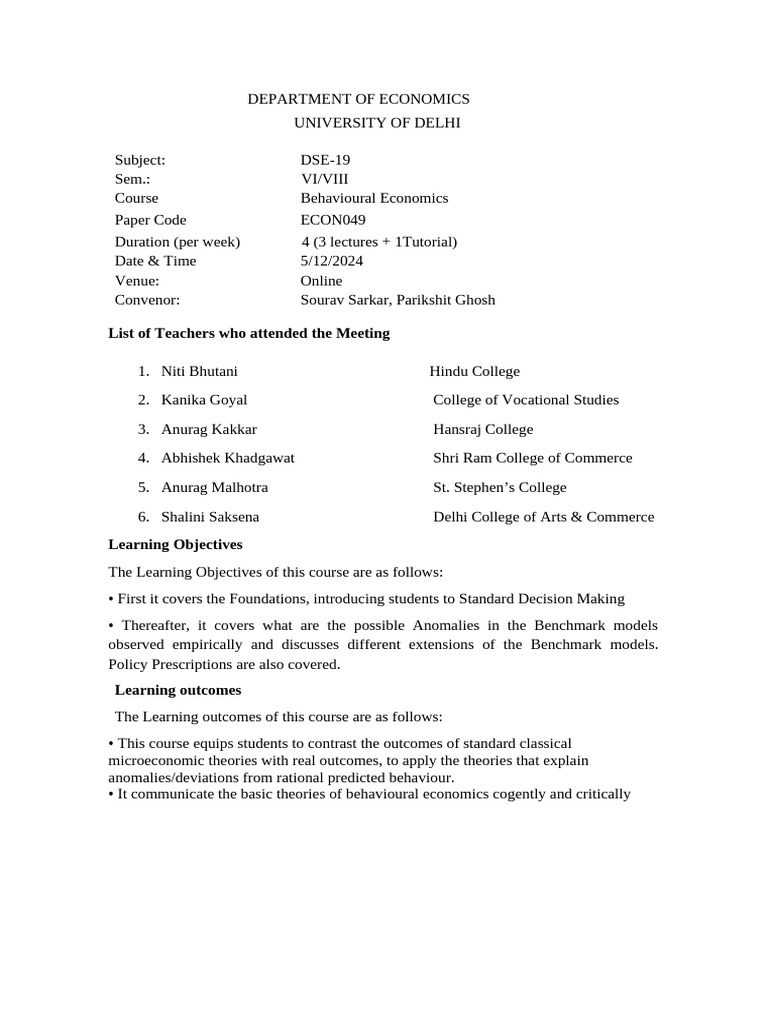 Behavioural Economics Course Overview | PDF | Behavioral Economics ...