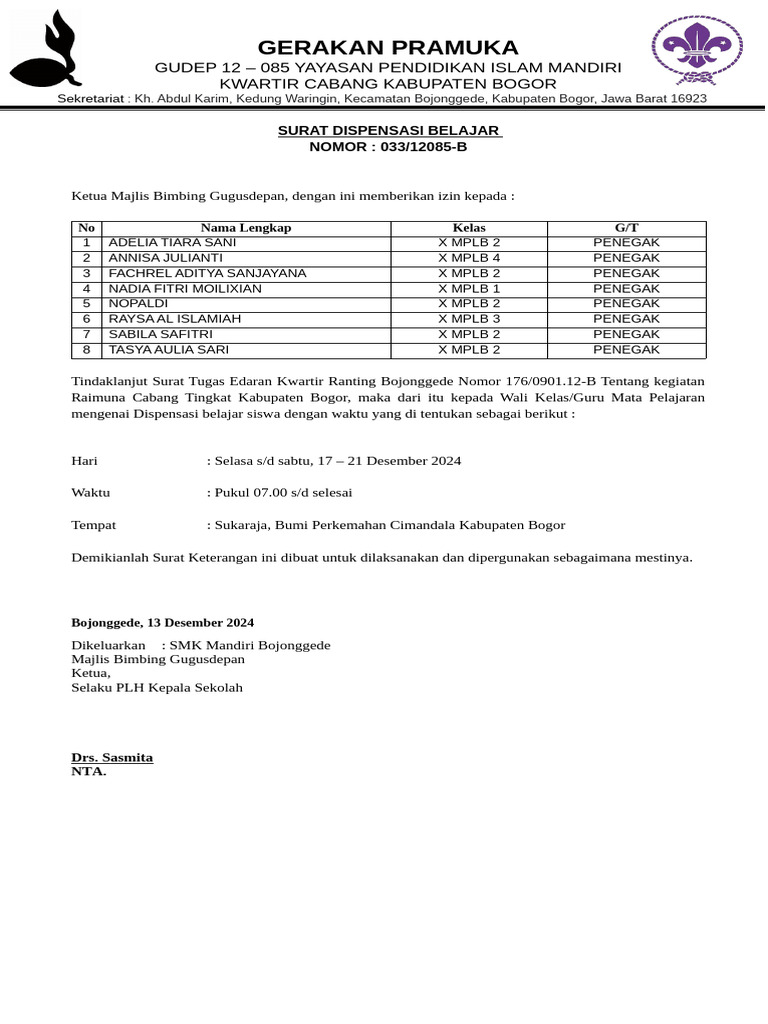 Surat Dispensasi Kegiatan | PDF