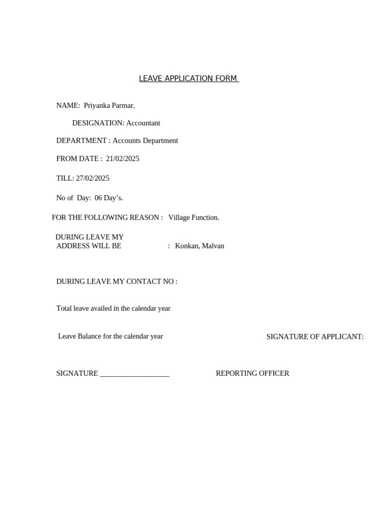 Leave Application Form for Accountant | PDF