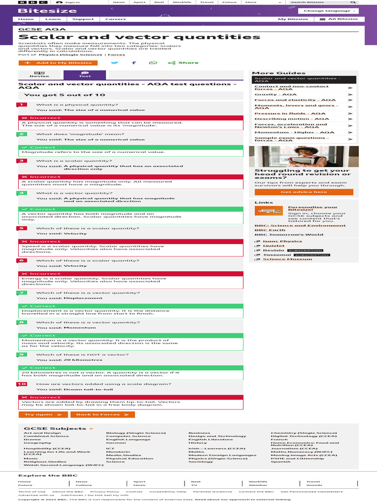 Scalar and Vector Quantities - AQA Test Questions - AQA - GCSE Physics ...