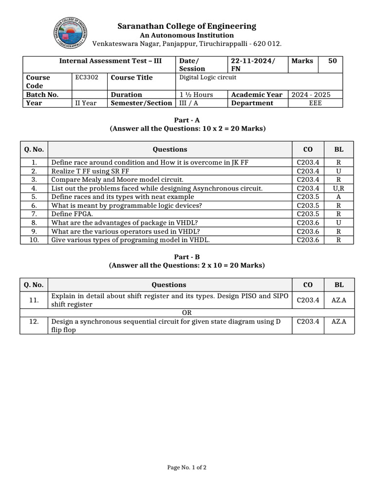 Ee3302 Dlc-Ia3 QP-2024-25 | PDF | Vhdl | Digital Technology