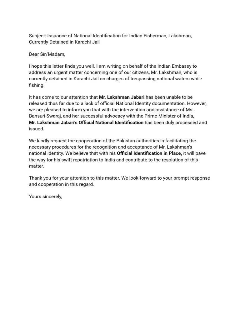 Indian Embasssy Lakshman Identity Letter | PDF