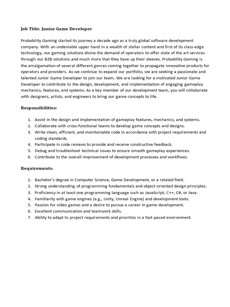 Junior Game Dev JD | PDF