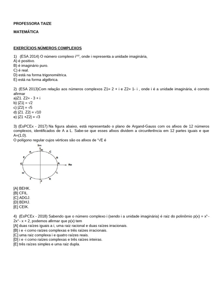 Exercícios Números Complexos | PDF | Número complexo | Números