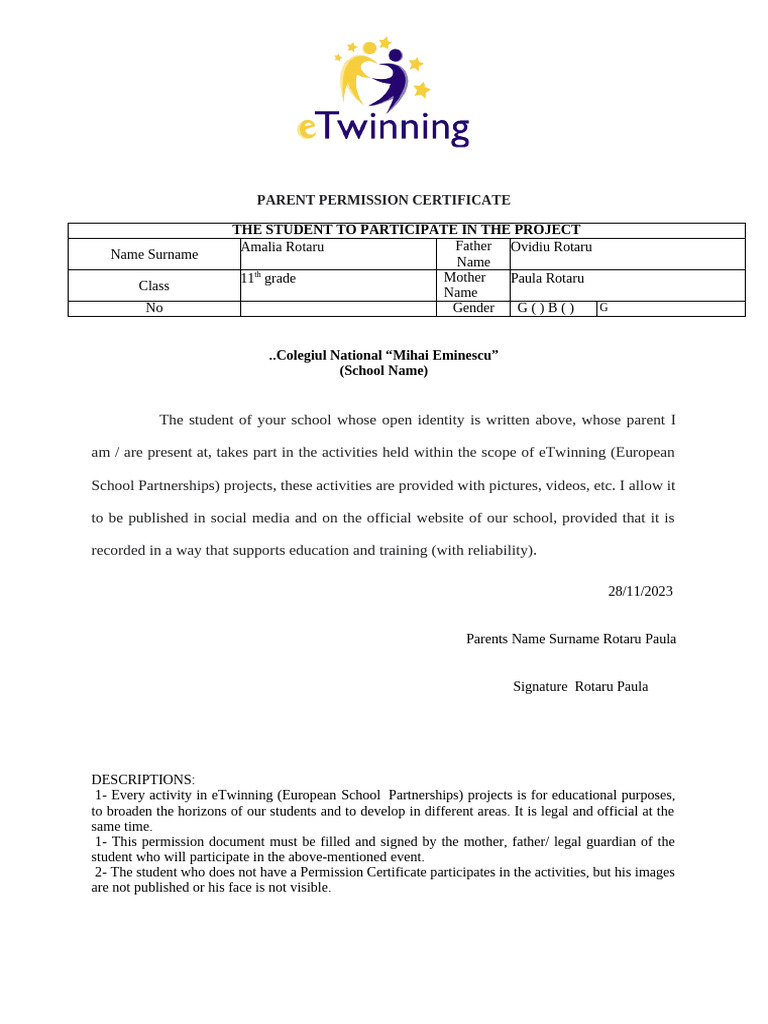 Parent Permission Certificate-7 | PDF