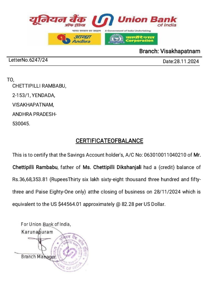 Savings Account Balance Certificate | PDF