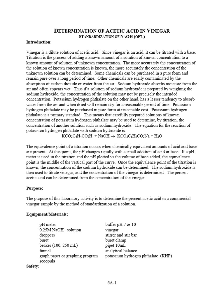 Determination of Acetic Acid in Vinegar | PDF | Acid | Titration