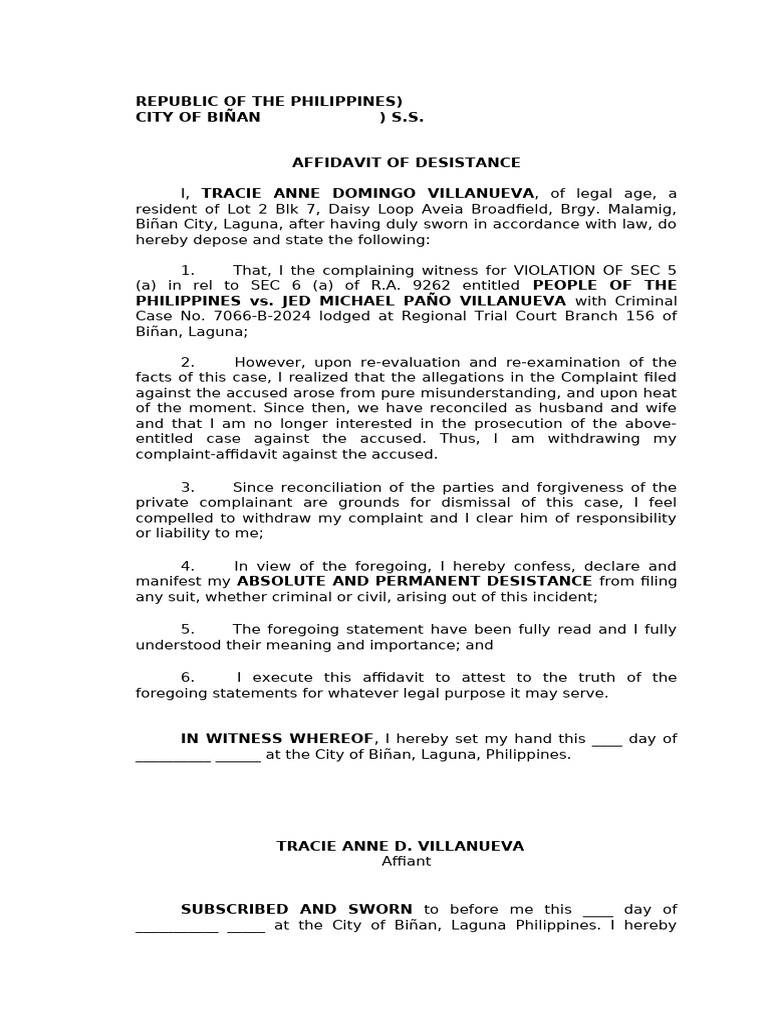 Affidavit of Desistance Notice | PDF