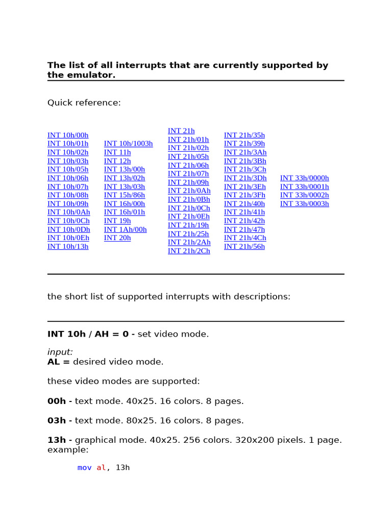 The List of All Interrupts That Are Currently Supported by The Emulator | PDF | Computer File | Bios