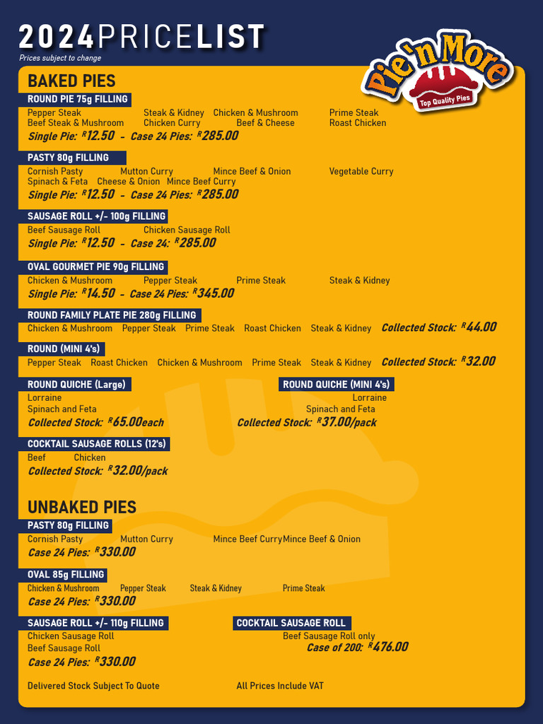 Pie N More Price List 2024 | PDF | Steak | Beef
