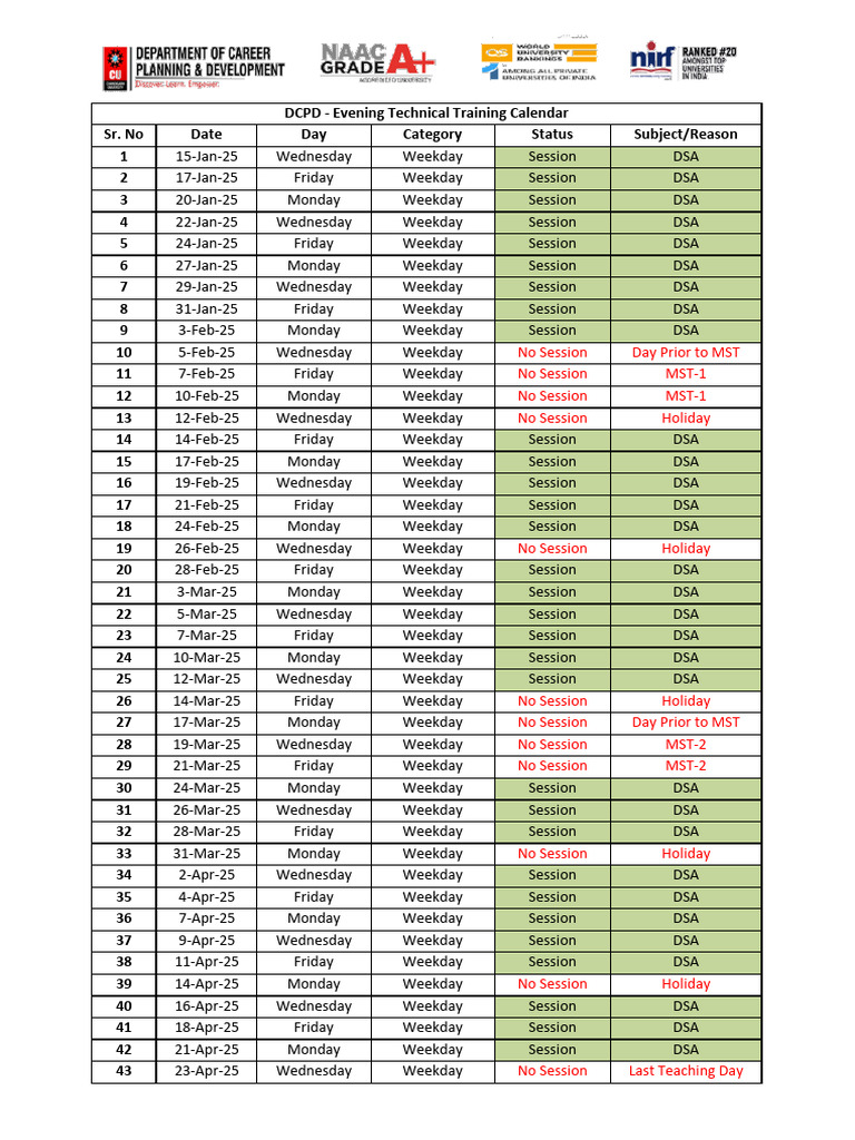 DCPD - Evening Technical Training Calendar - Mon, Wed, Fri | PDF ...