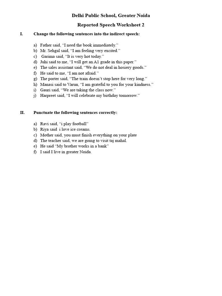 Reported Speech Worksheet for Students | PDF